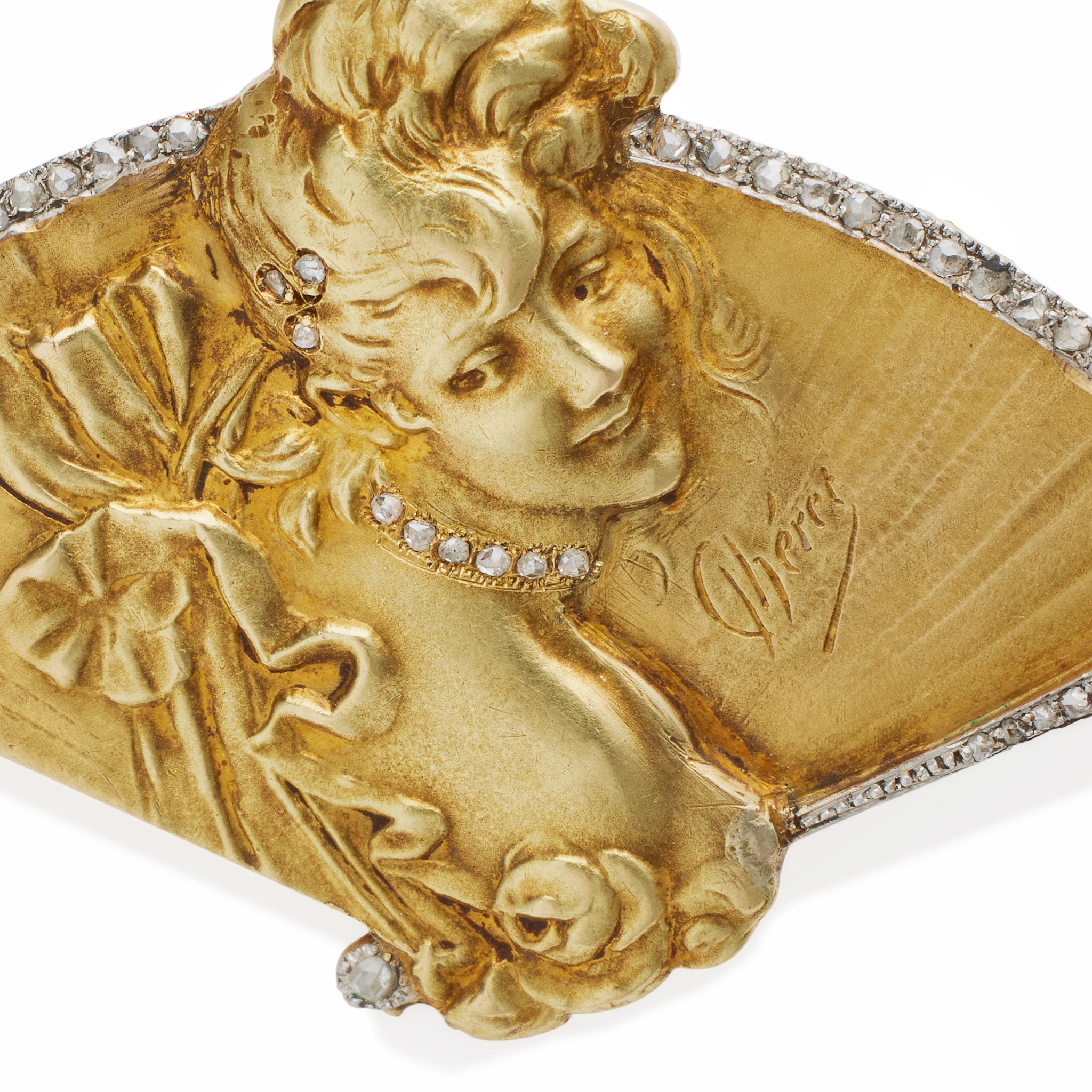 Macklowe Gallery Jules Cheret Art Nouveau 18K Gold and Rose cut Diamond Brooch MackloweGallery