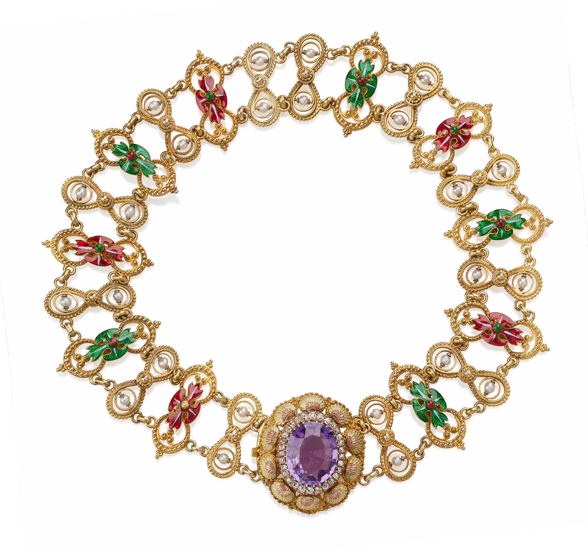 Amethyst and Basse-Taille Enamel Gold Plaque Necklace – MackloweGallery