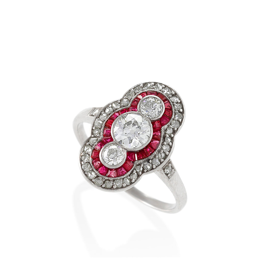 Macklowe Gallery | Ruby and Three-Stone Diamond Shield Ring ...